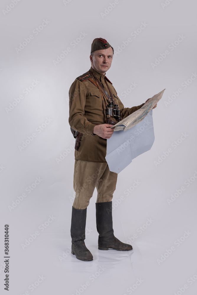 Male actor in the uniform of a Soviet Army officer during World War II ...