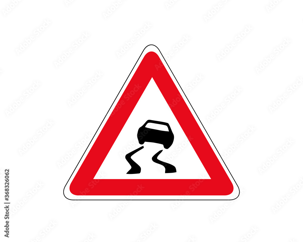 Slippery road traffic warning sign vector. Red triangle board. Road traffic symbols. Stock ...