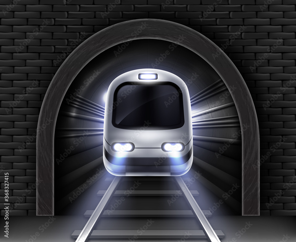 Modern subway train in tunnel. Vector realistic illustration of front ...