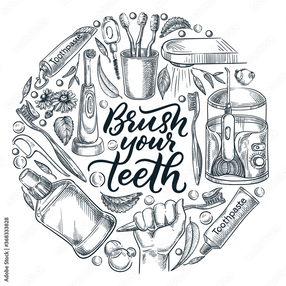 Brush your teeth calligraphy lettering poster banner label. Vector ...