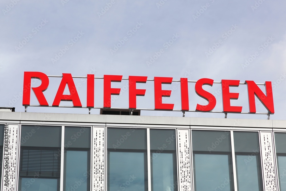 Geneva, Switzerland - October 1, 2017: Raiffeisen logo on a building ...
