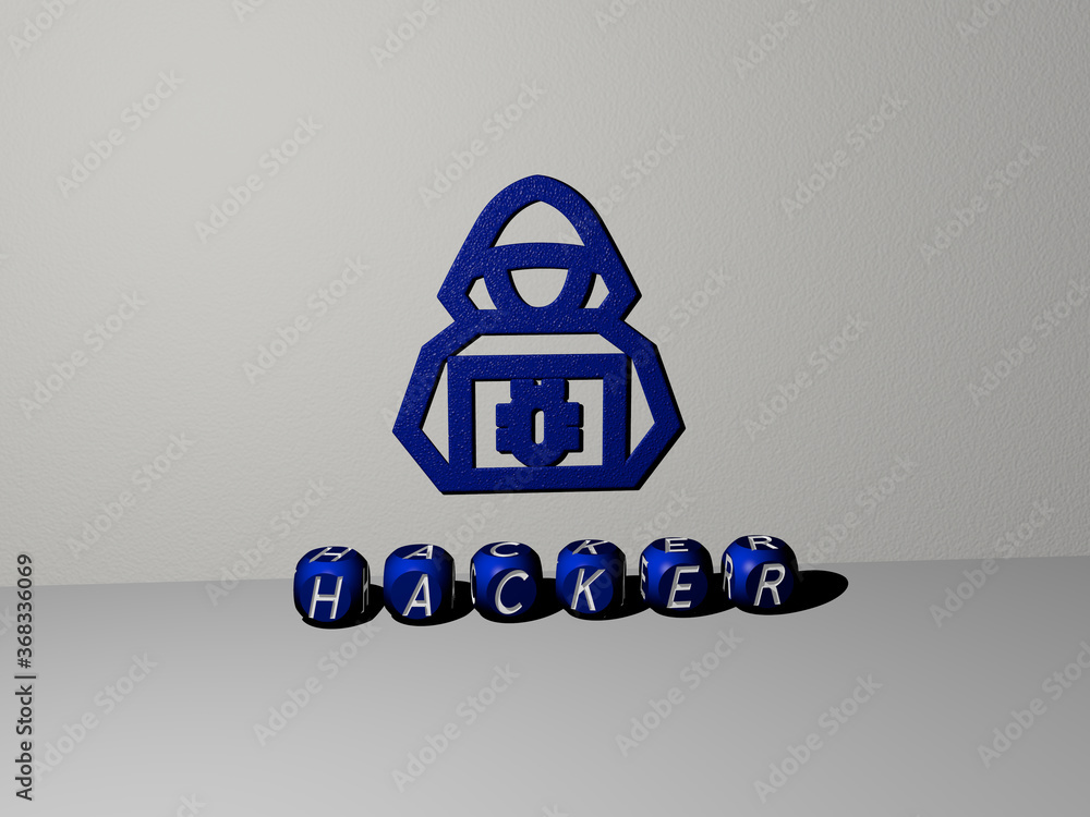 3D representation of HACKER with icon on the wall and text arranged by ...