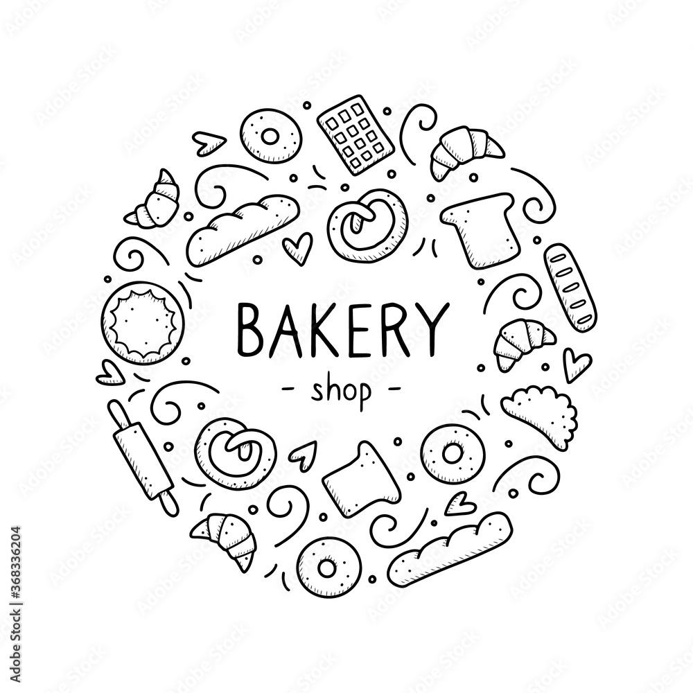 Hand drawn set of bakery and baking elements, bread, pastry, croissant ...