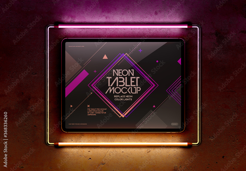 Tablet and Neon Light Frame Mockup Stock Template | Adobe Stock
