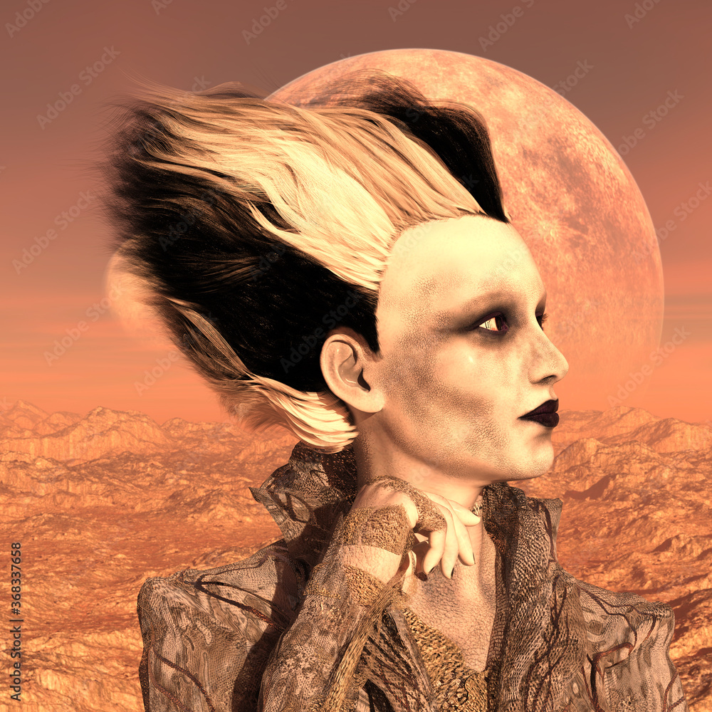 3d illustration of a scary zombie type woman with black and white ...