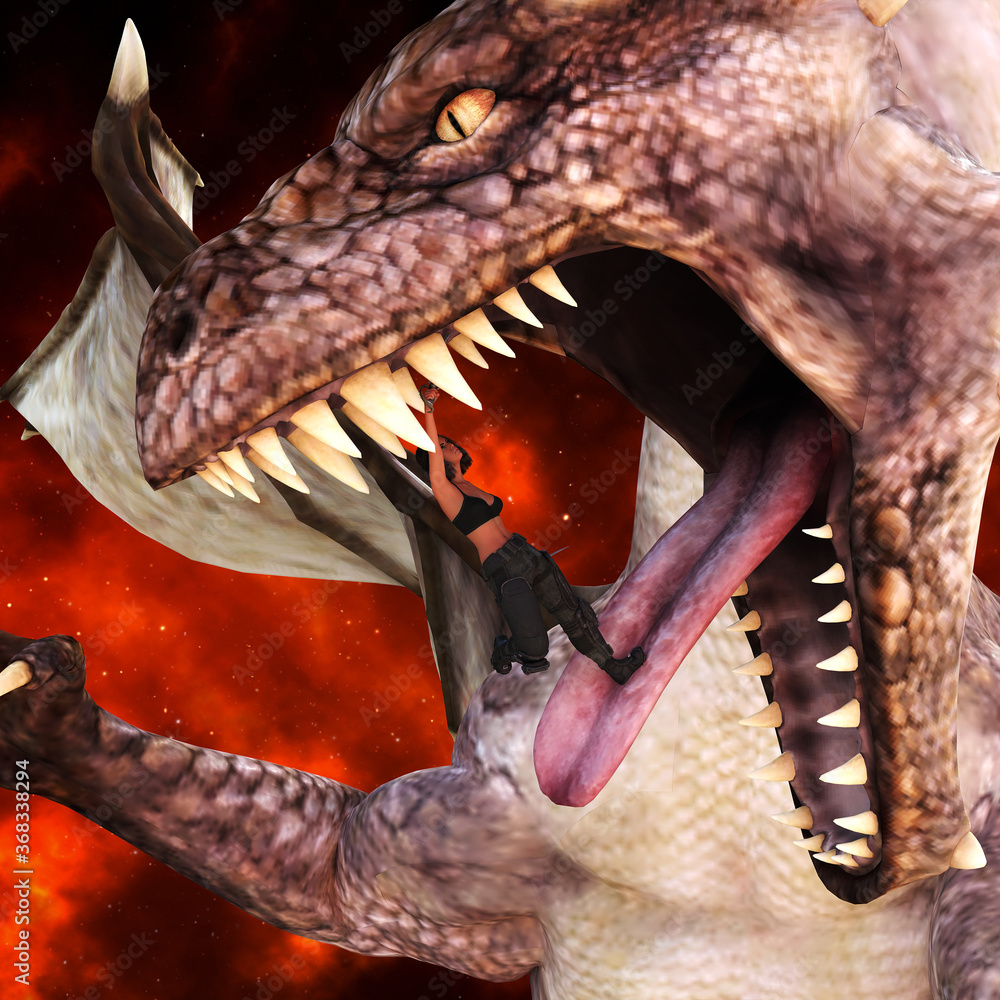 3d illustration of a huge flying dragon with a woman standing on the ...