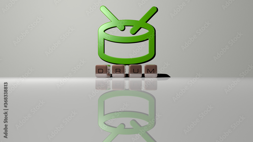 3D illustration of drum graphics and text made by metallic dice letters ...