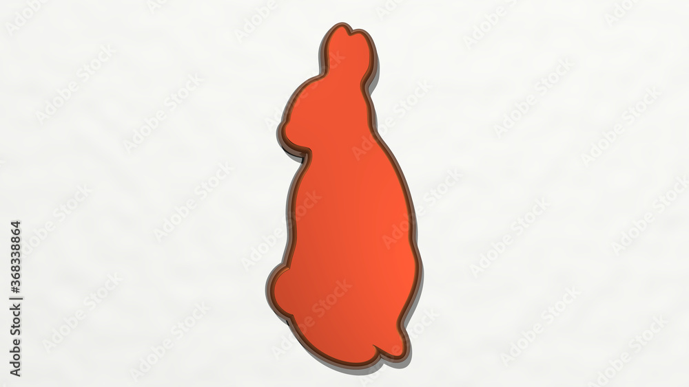 rabbit on the wall. 3D illustration of metallic sculpture over a white ...