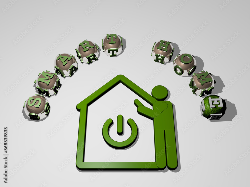 3D representation of SMART HOME with icon on the wall and text arranged ...