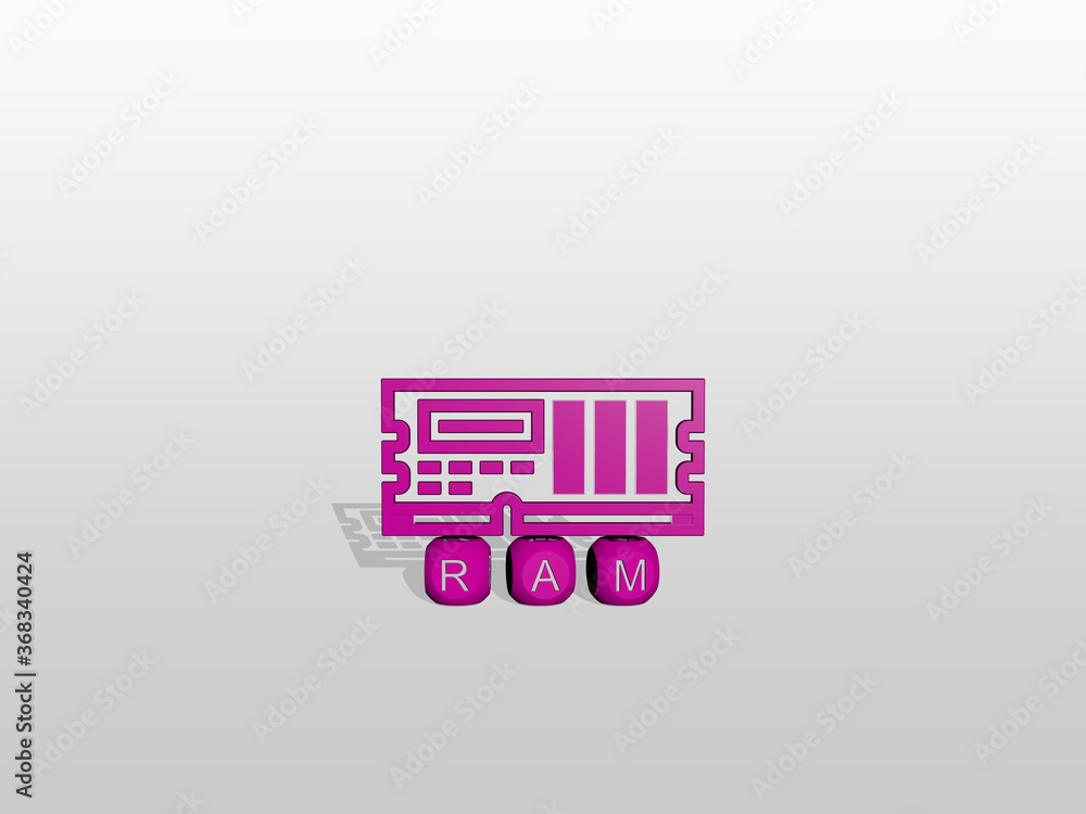 3D illustration of ram graphics and text made by metallic dice letters ...