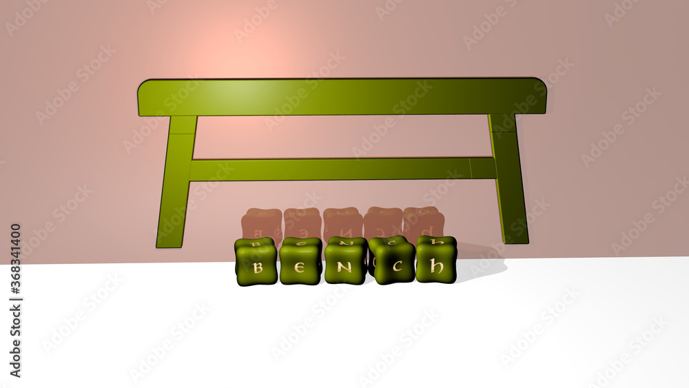 3D representation of bench with icon on the wall and text arranged by ...