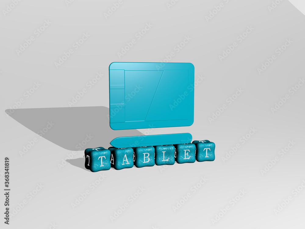 3D representation of TABLET with icon on the wall and text arranged by ...