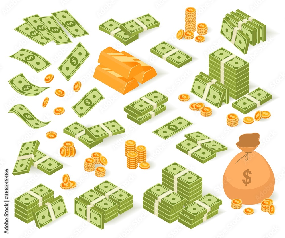 Isometric money vector illustration set. Cartoon collection of paper ...