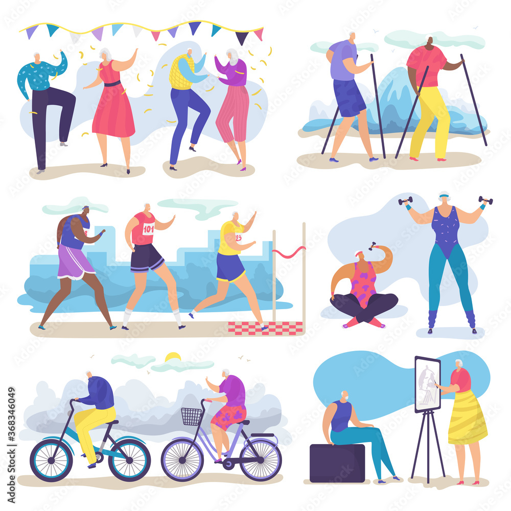 Active senior old people vector illustration set. Cartoon flat group of ...