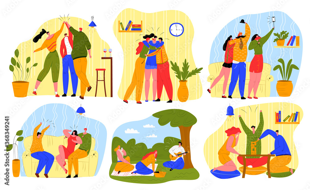 Friends spend time together vector illustration set. Cartoon flat happy ...