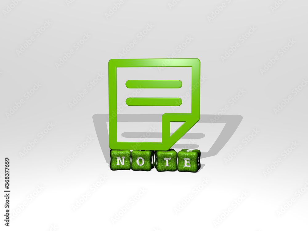 3D illustration of note graphics and text made by metallic dice letters ...
