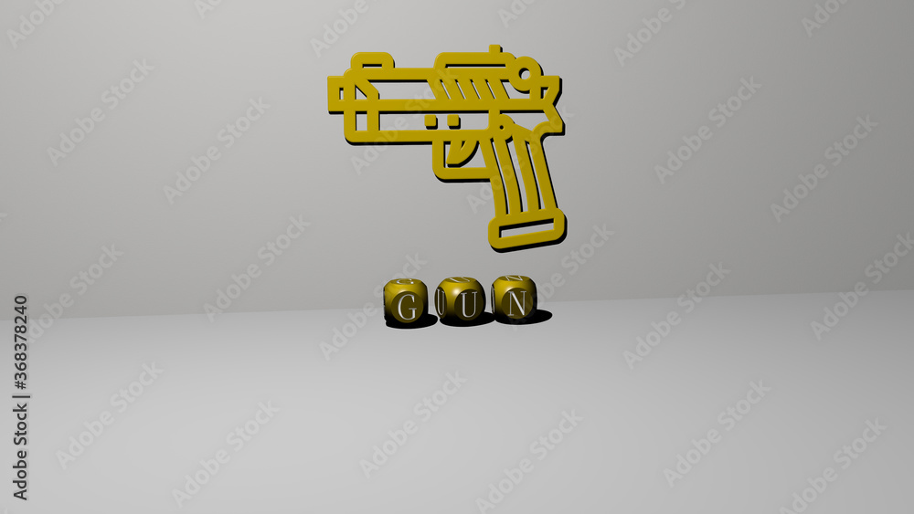 3D illustration of GUN graphics and text made by metallic dice letters ...