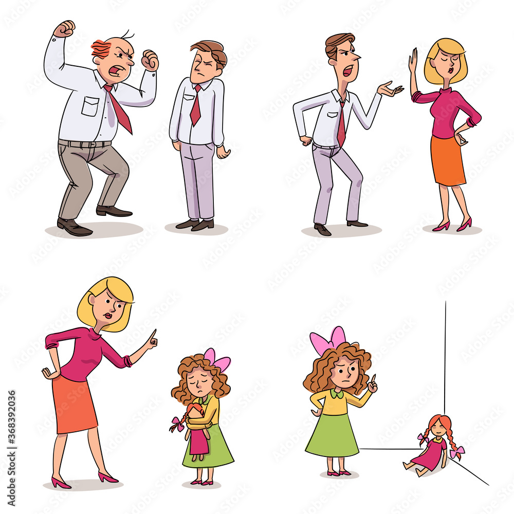 Vetor de Chain anger people relationship scene vector set. Aggressive ...