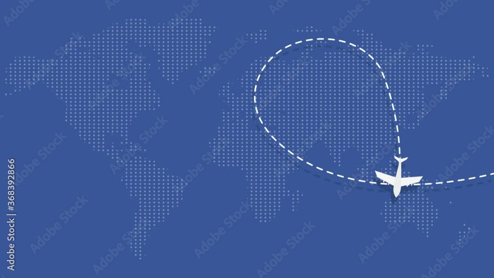 Video animation with white plane flying on the world's map leaving a ...