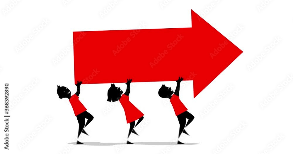 Teamwork, people carrying big red arrow, copy space, 2d, animation ...