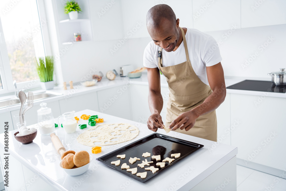 Portrait of his he nice attractive cheerful guy boyfriend preparing ...