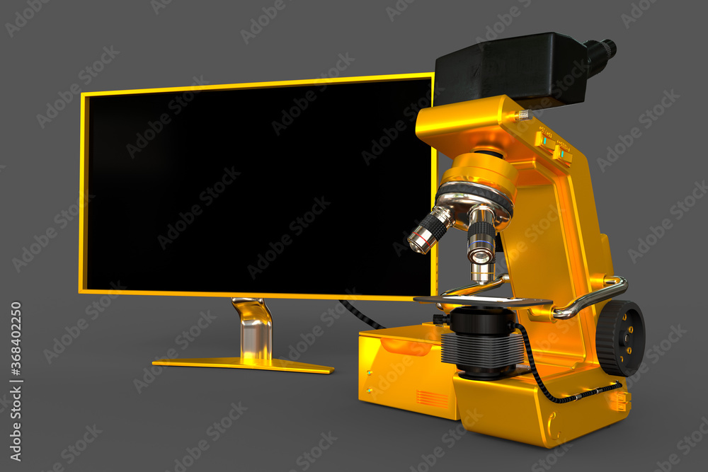 orange scientific microscope, system block and empty screen isolated ...