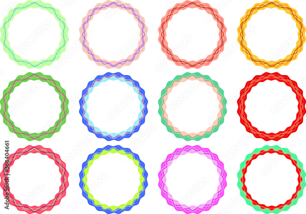 12 circle frames with wavy border in multi-colors use for label, logo ...