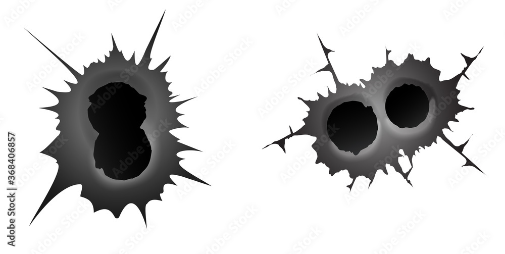 Bullet double hole on white background. set of double realisic metal ...