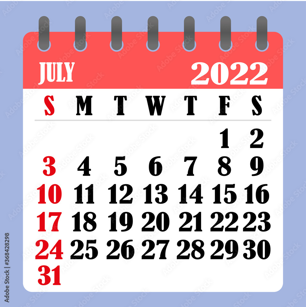 Letter calendar for July 2022. The week begins on Sunday. Time ...