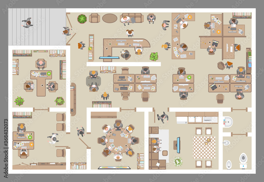 Office. Top view. People at work. Office room, meeting room, reception ...