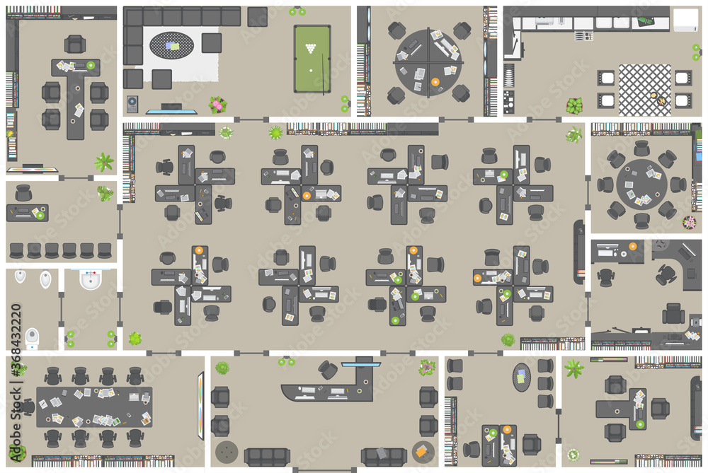Office. Top view. Working space. Office room, meeting room, reception ...