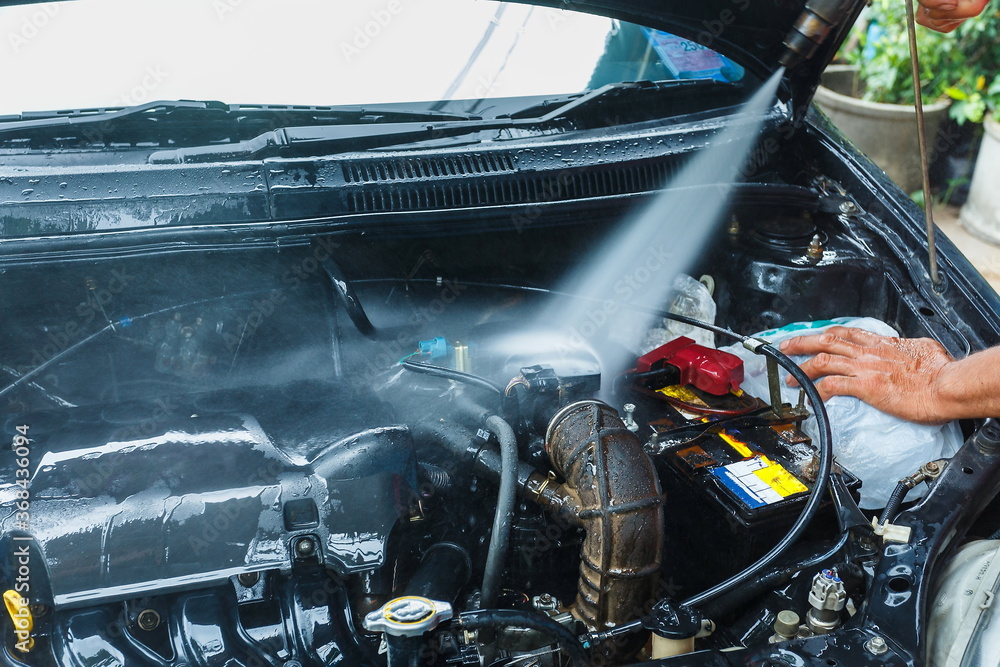 engine Washing,Cleaning Car Using High Pressure Water blur. Stock Photo ...