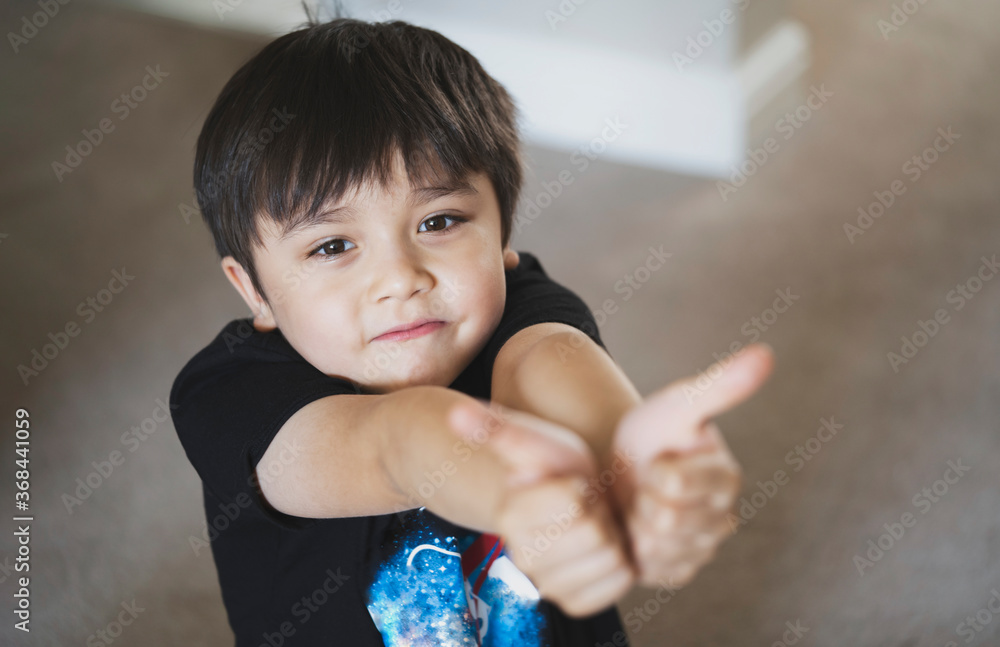 Top view head shot kid looking up with copy space, Candid young boy ...