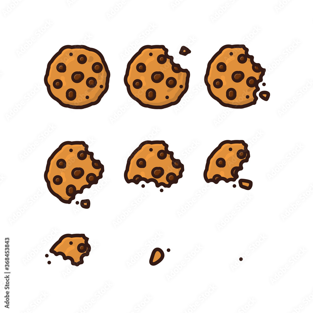 Bitten chocolate chip cookie evolution series isolated vector ...