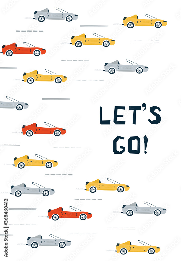 Children's posters with cars and lettering Let's go in cartoon style ...
