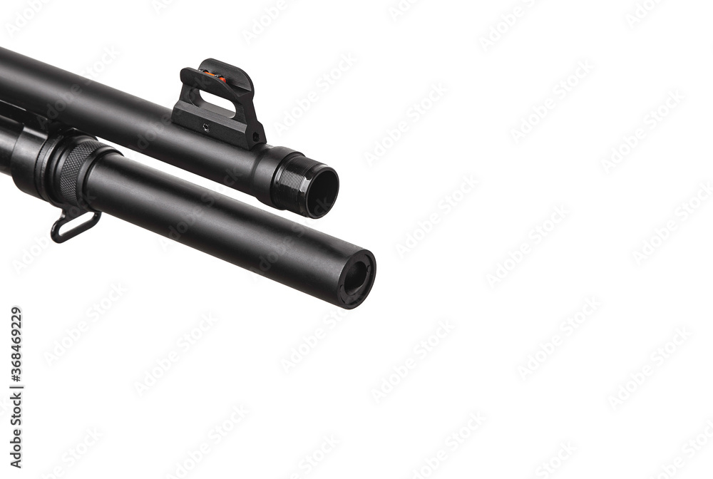 Modern pump action tactical shotgun isolate on a white background ...