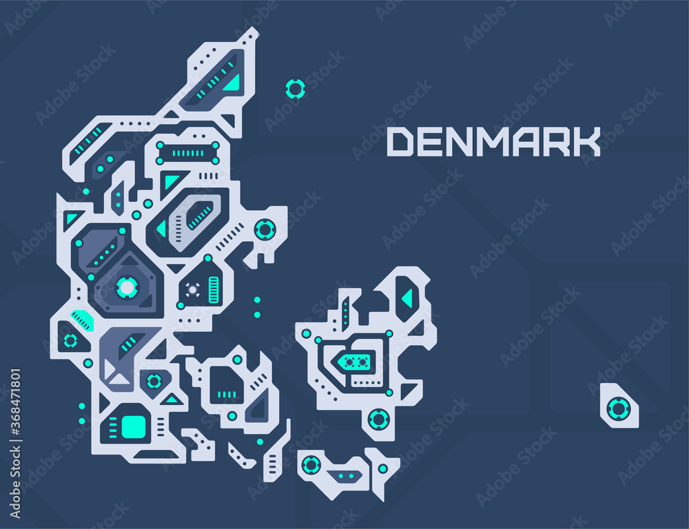 Abstract futuristic map of Denmark. Mechanical circuit of the country ...