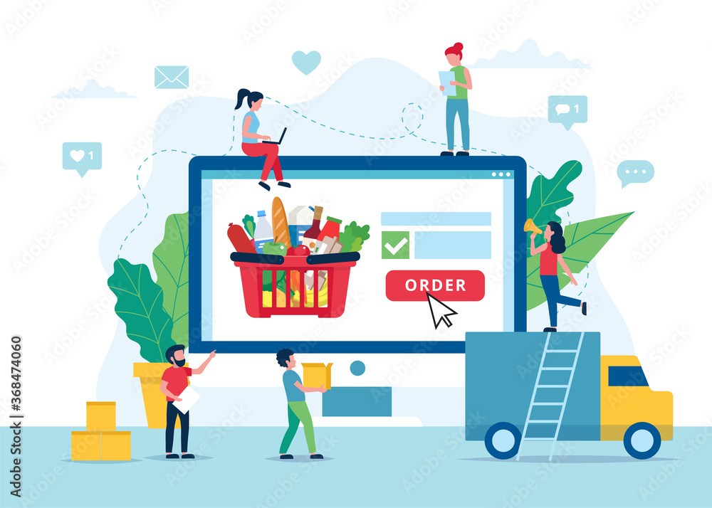 Grocery delivery concept. Order food online. Small people characters ...