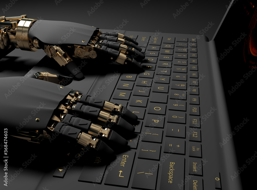 Robot hands, laptop with human image, evolution, blue background Stock ...