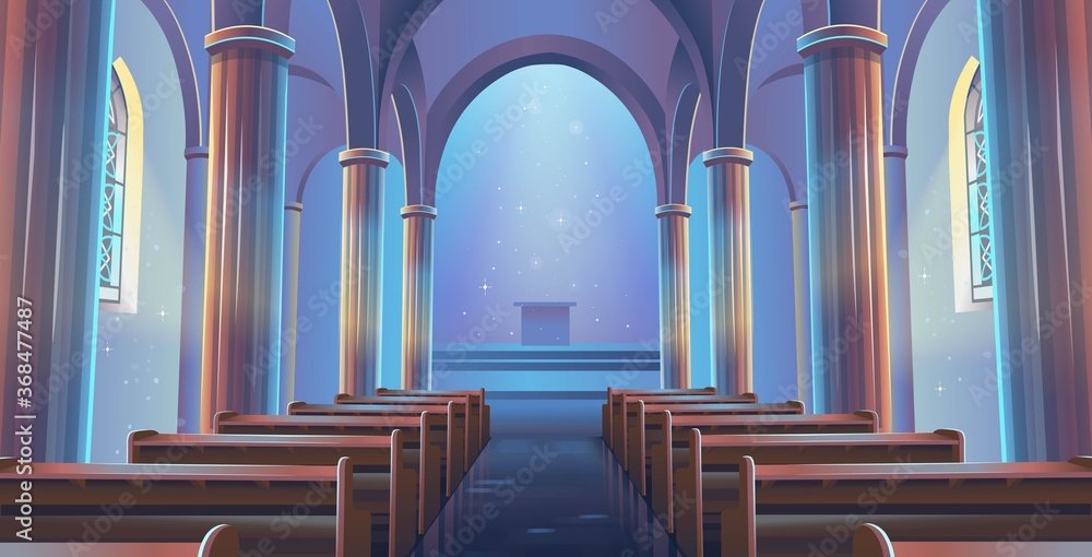 Cathedral Church view inside. Interior of Catholic Church. Cartoon ...