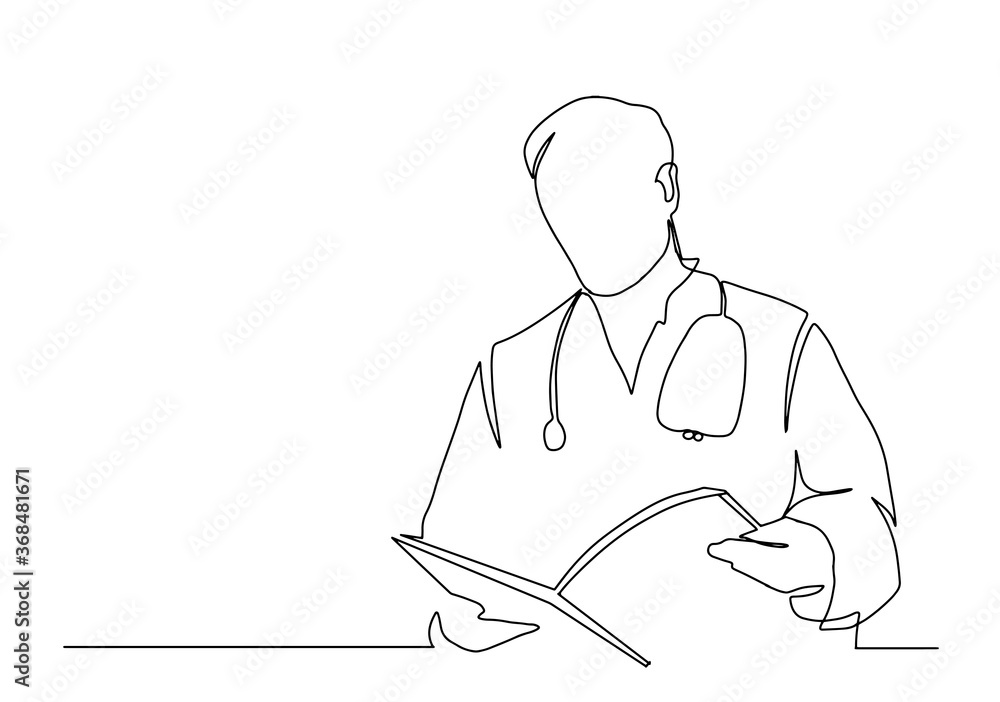 one line vector drawing of hospital doctor standing holding patient ...