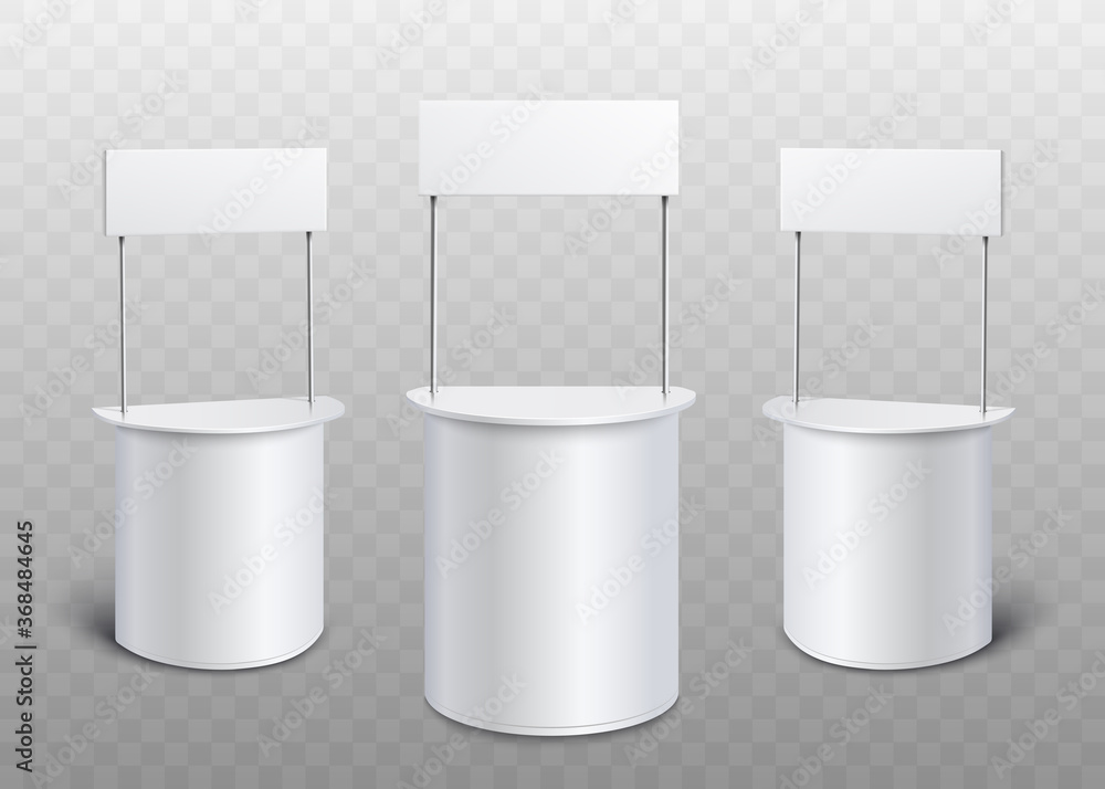 Blank white promo stand set - realistic mock up of rounded promotional counters with rectangle ...