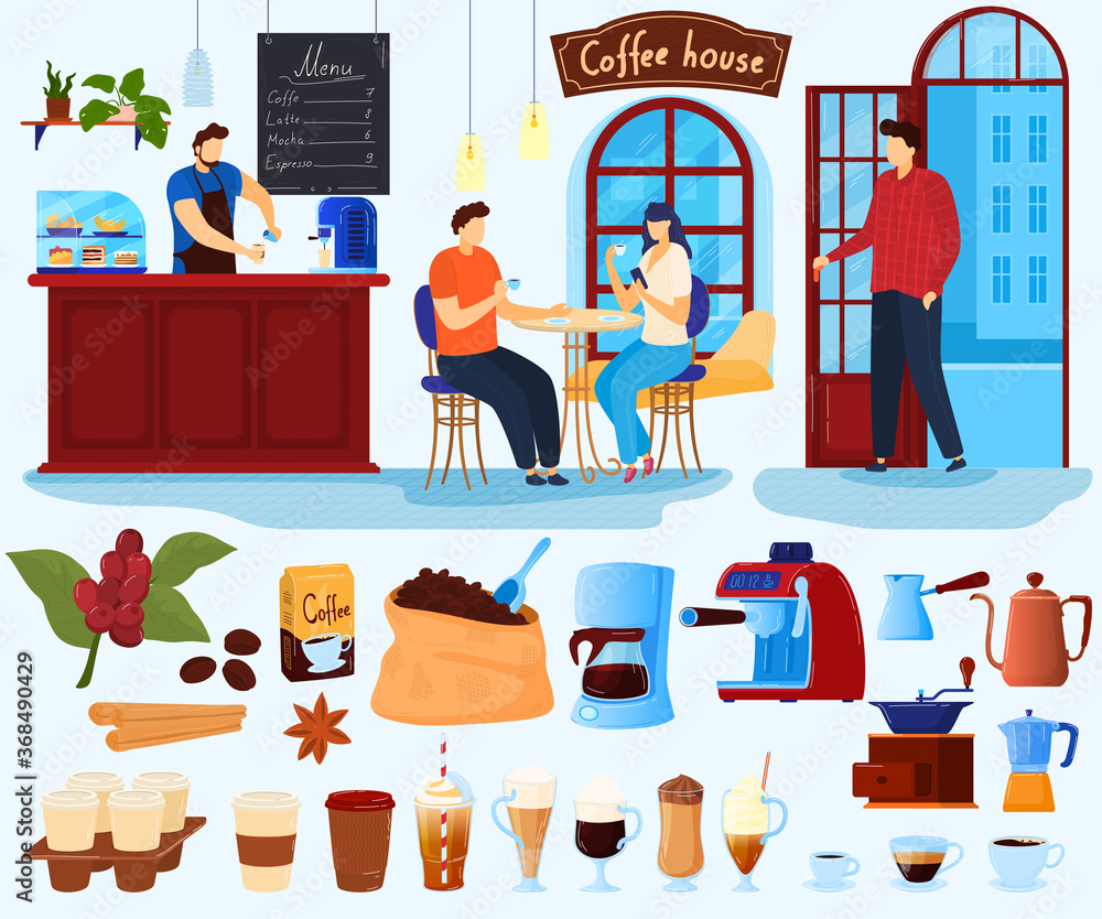 Coffee house vector illustration set. Cartoon flat coffee lover ...