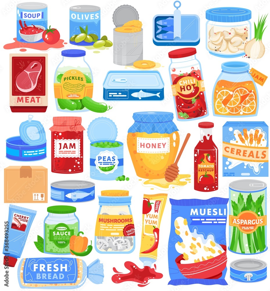 Food can packaging vector illustration set. Cartoon flat canned food ...