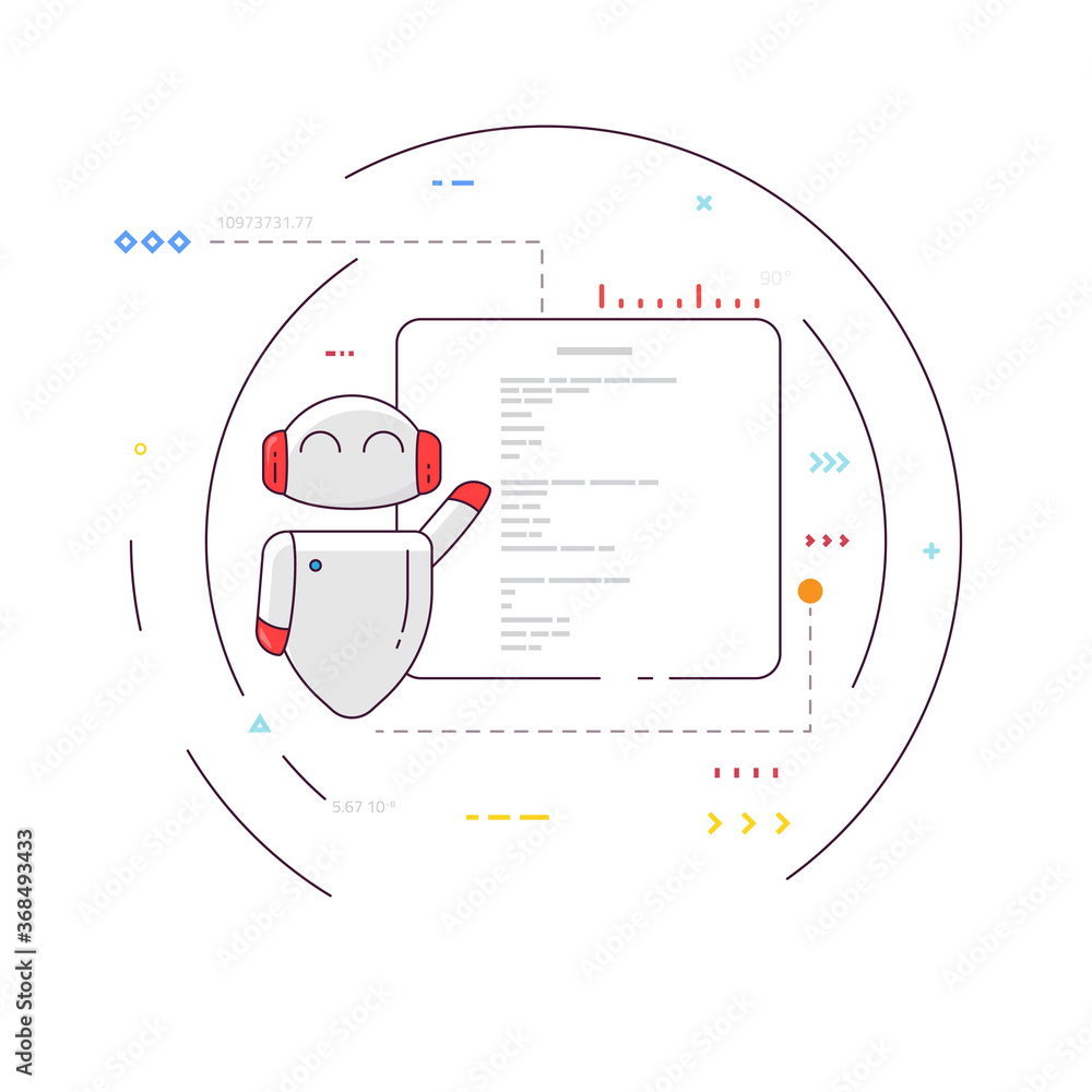 Smiling robot with presentation. Happy bot presenting slides ...