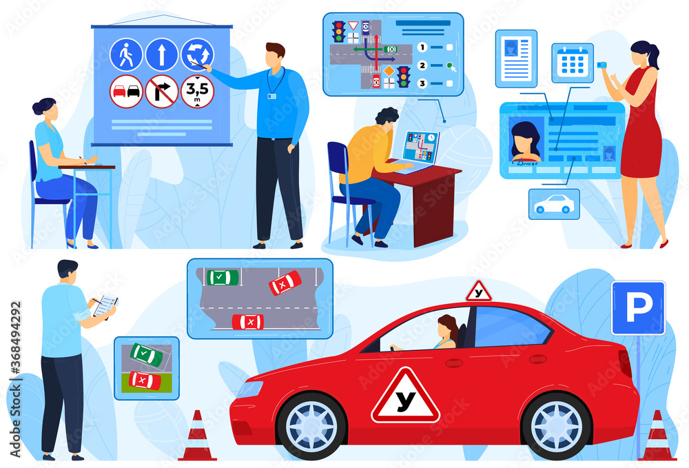 Instructor exam for car driver, people learners rules vector ...