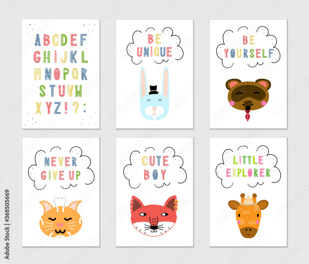 Cute nursery posters set. Scandinavian style alphabet with funny ...