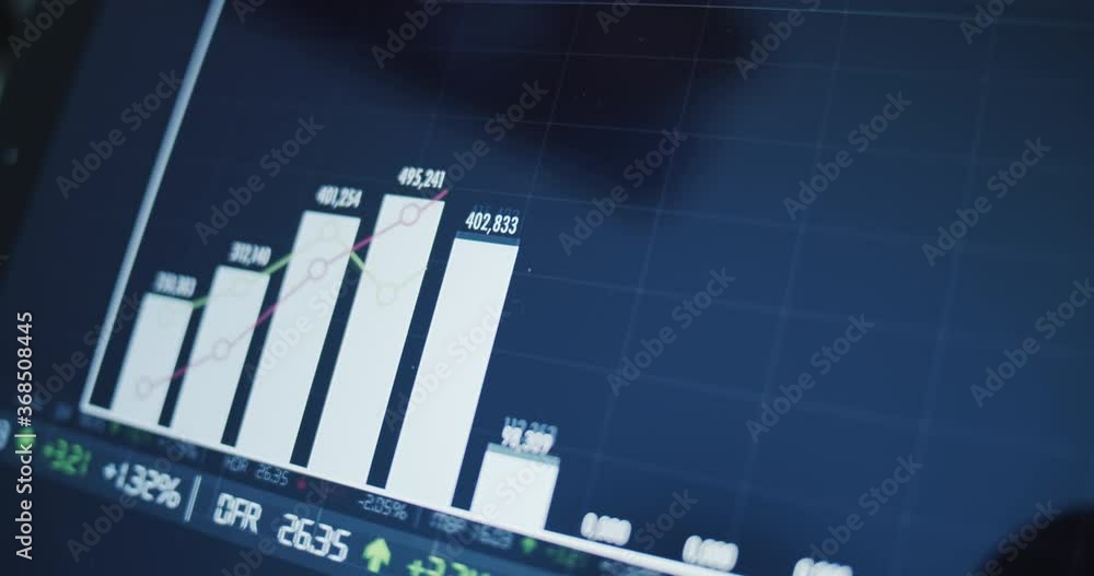 Column chart with financial data show rising price on tablet screen ...