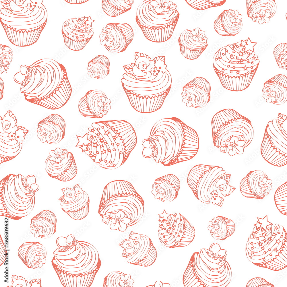 Seamless pattern of hand drawn outline cupcakes on white background ...