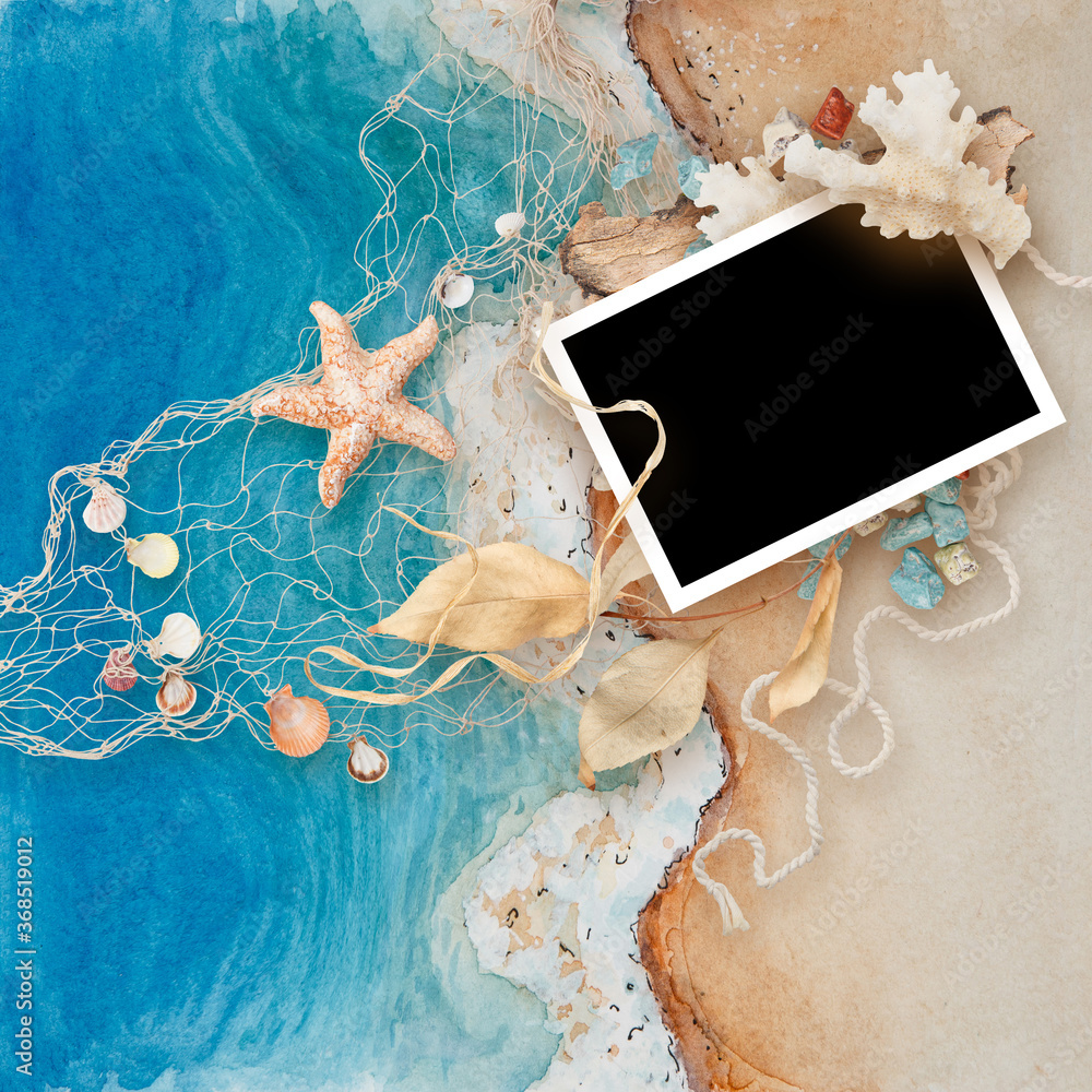 marine scrapbook frame on blue watercolor painted sea background. Sea ...